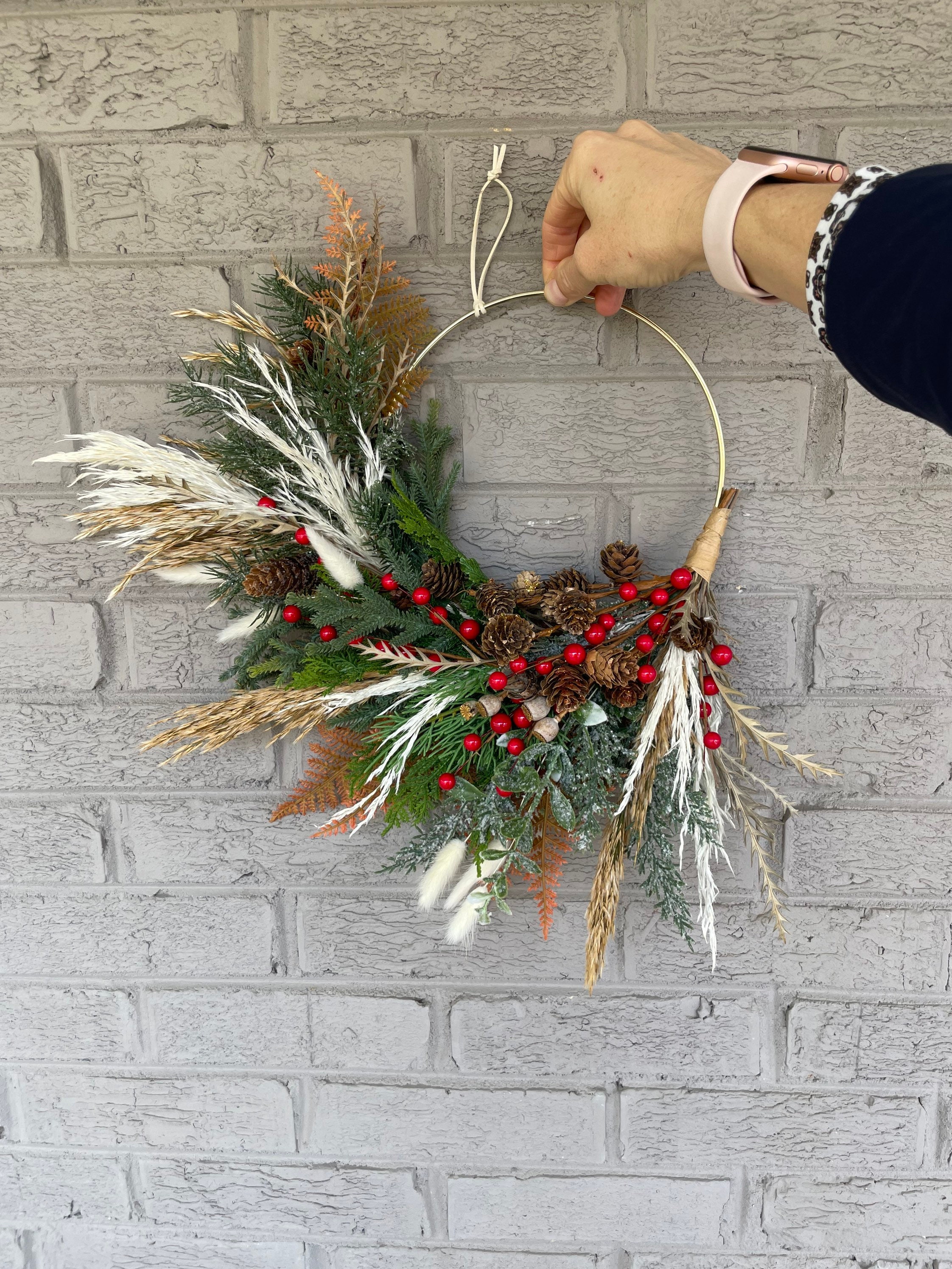 Cozy Minimalist Hoop Wreath With Warm Earthy Tones and Red Berries ...