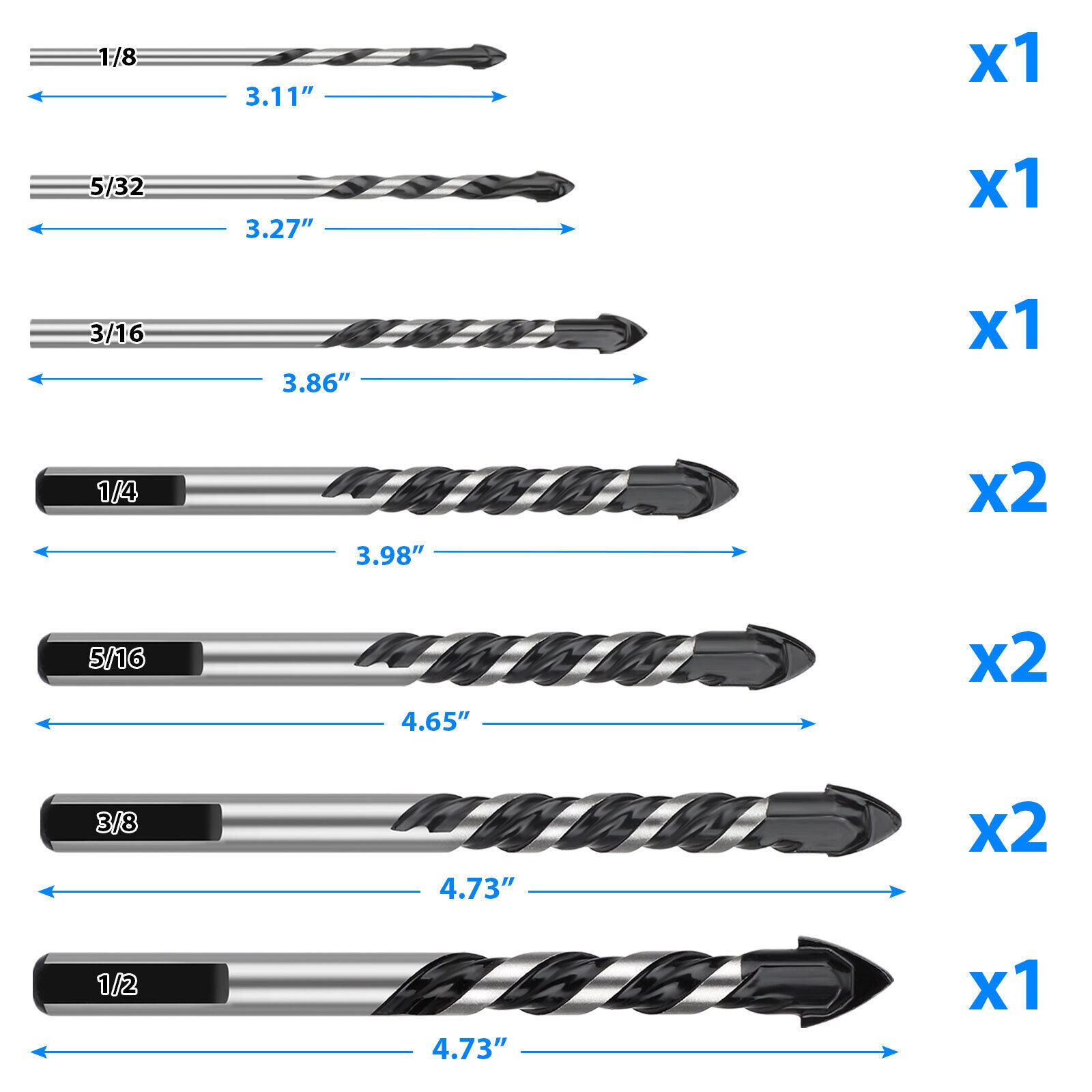 10pcs Professional Drill Bit Set 3-12MM for Concrete Masonry Concrete ...