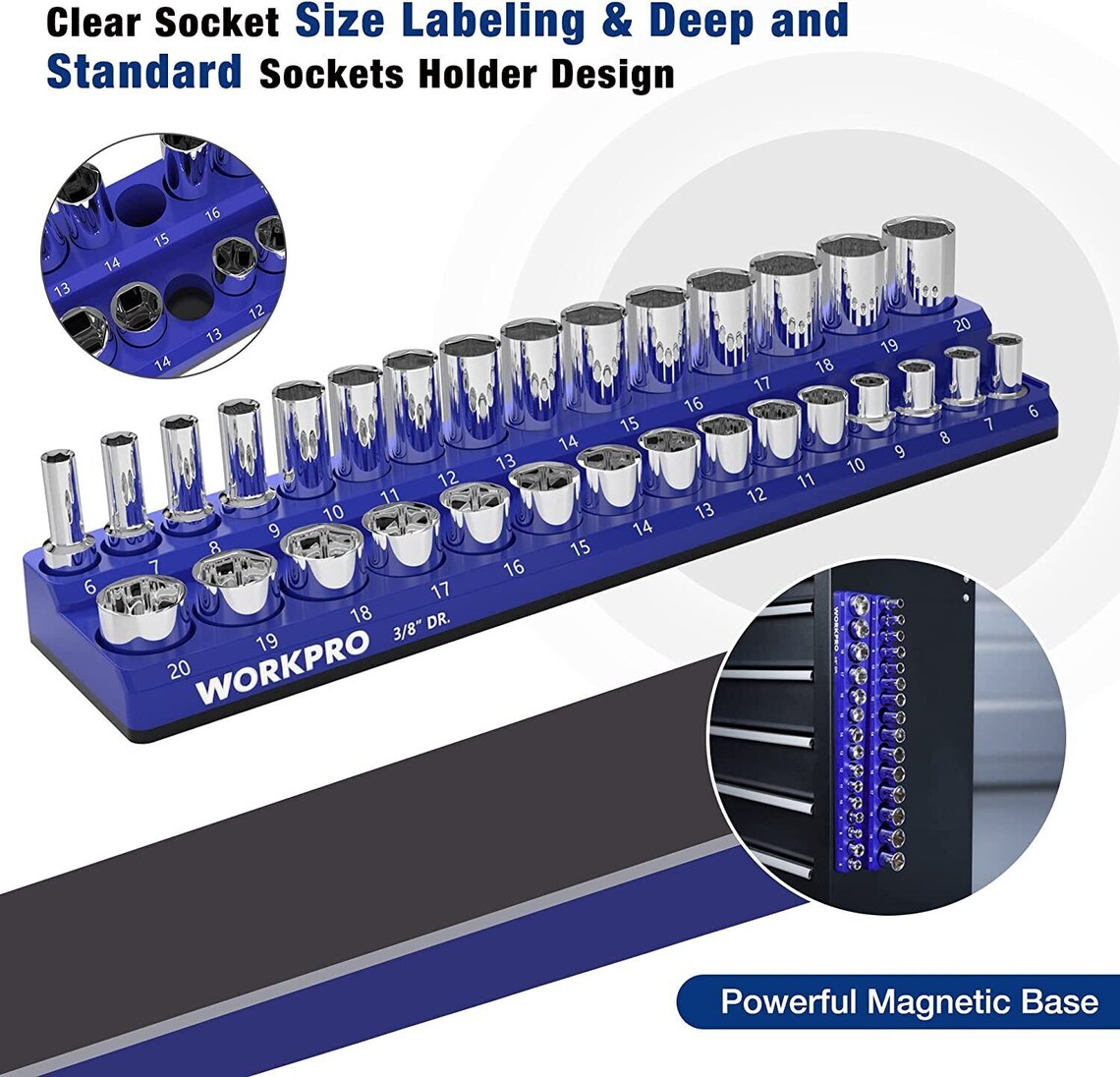 WORKPRO Magnetic Socket Organizer Set 3PC Socket Holder Set 1/43/8&1 ...