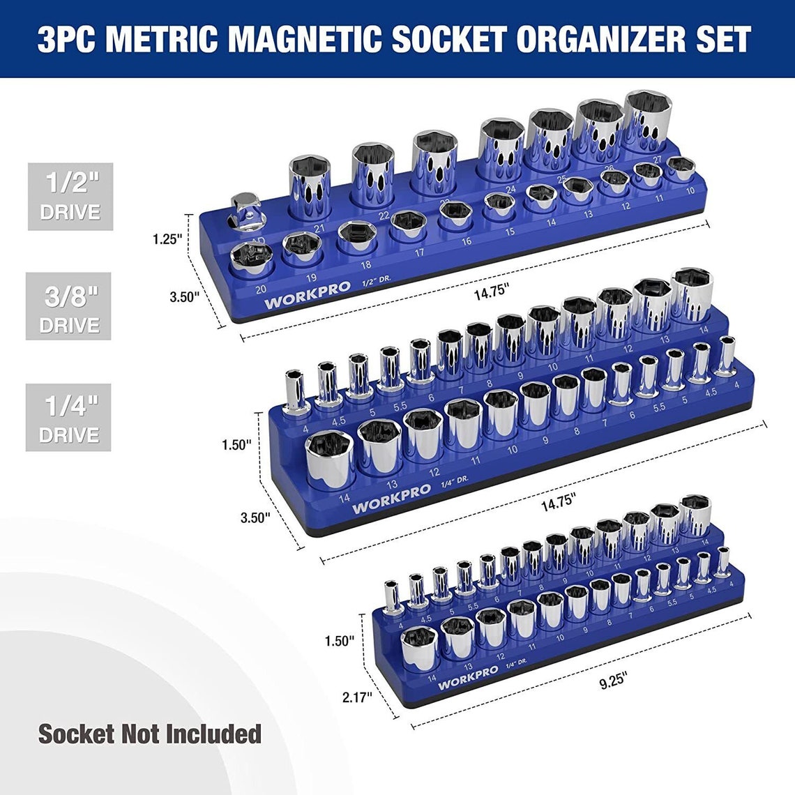 WORKPRO Magnetic Socket Organizer Set 3PC Socket Holder Set 1/43/8&1 ...