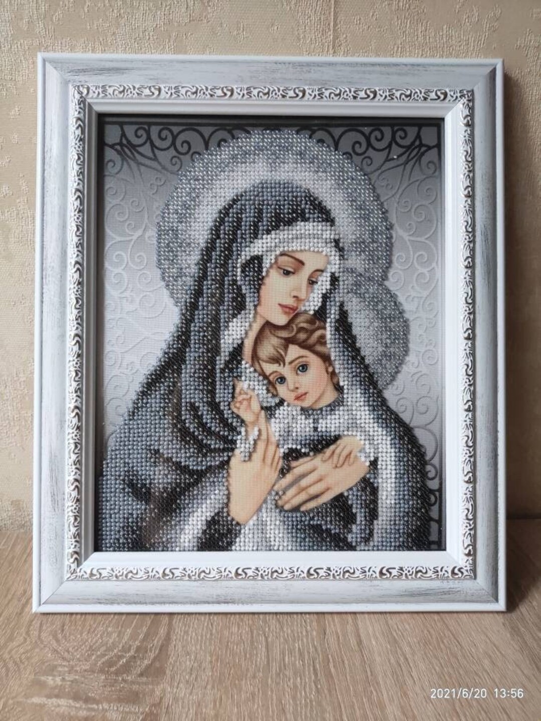 Finished Embroidery Madonna With Child, Beadwork Our Lady With Child ...