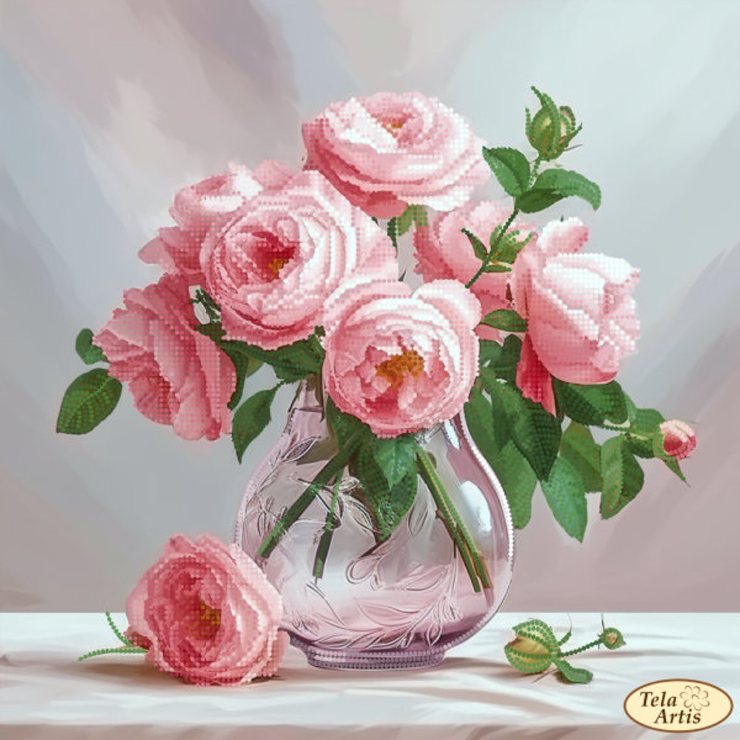 Bead Embroidery Kit Tea Roses, DIY Bead Kit Pink Roses, Needlepoint Set ...