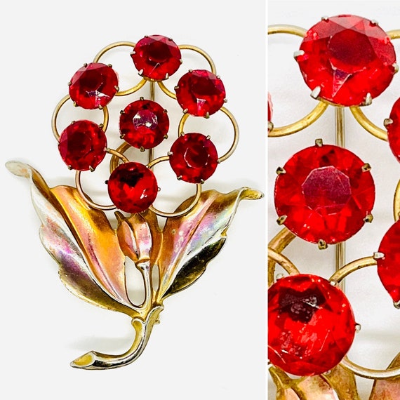 Large Antique Art Deco Ruby Red Flower Brooch, c. 193… - Gem