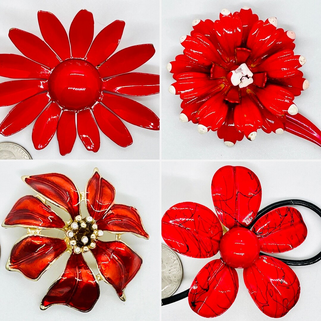 Red Flower Pins C. 1960s One is C. 1980s - Etsy