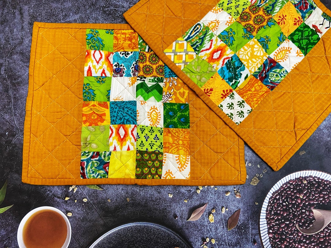 Yellow Patchwork Placemats (set of 2): Quilted Cotton Dining Table Mats ...