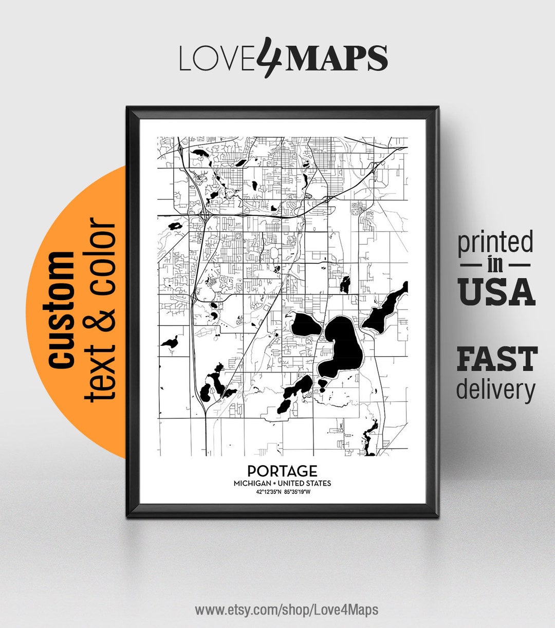Portage Michigan Map, Portage City Print, Portage Poster, Personalized ...