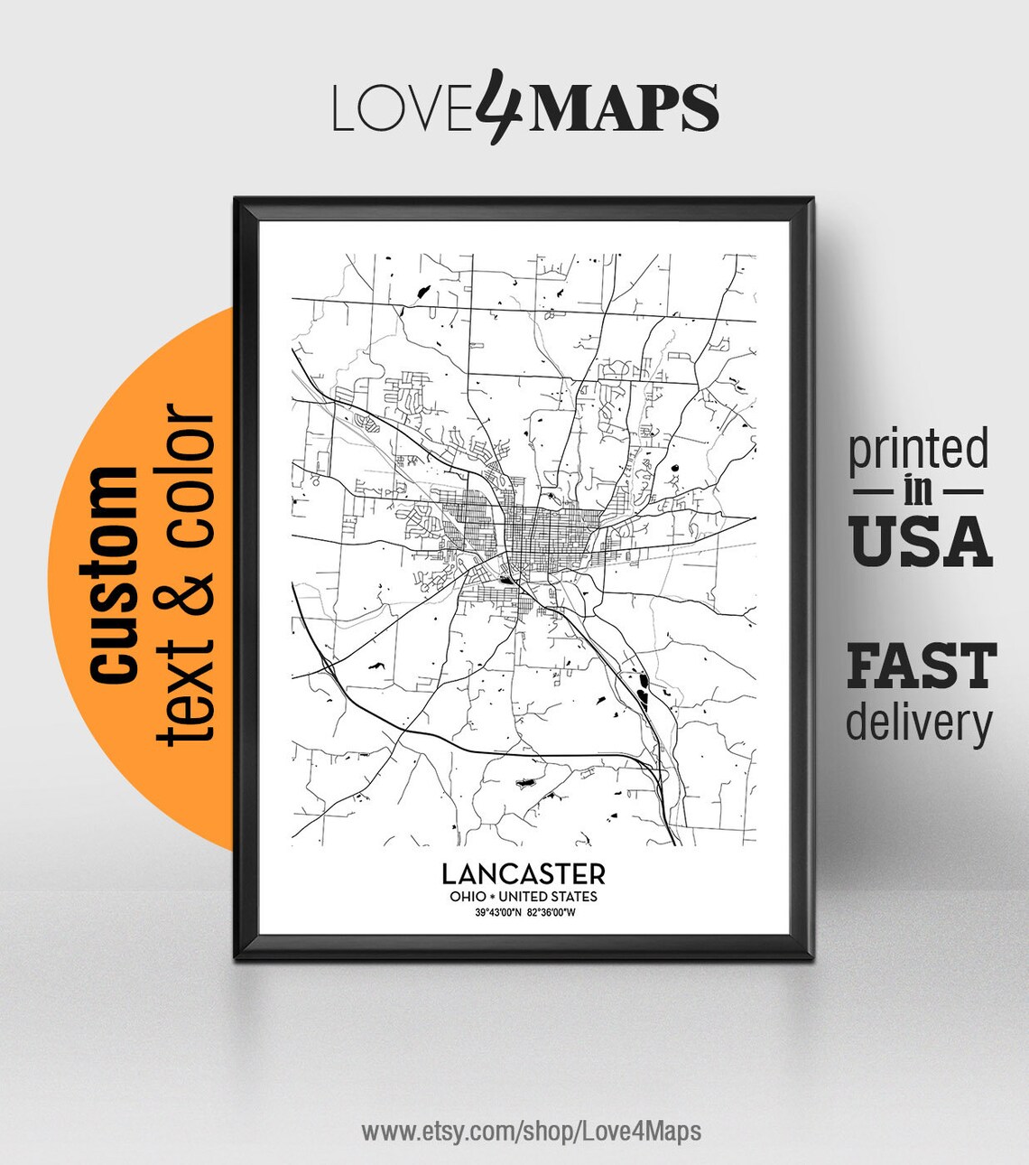 Lancaster Ohio Map Lancaster City Print Lancaster Poster | Etsy