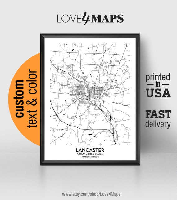 Lancaster Ohio Map Lancaster City Print Lancaster Poster | Etsy