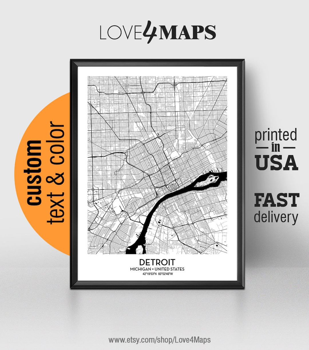 Detroit Michigan Map, Detroit City Print, Detroit Poster, Personalized ...
