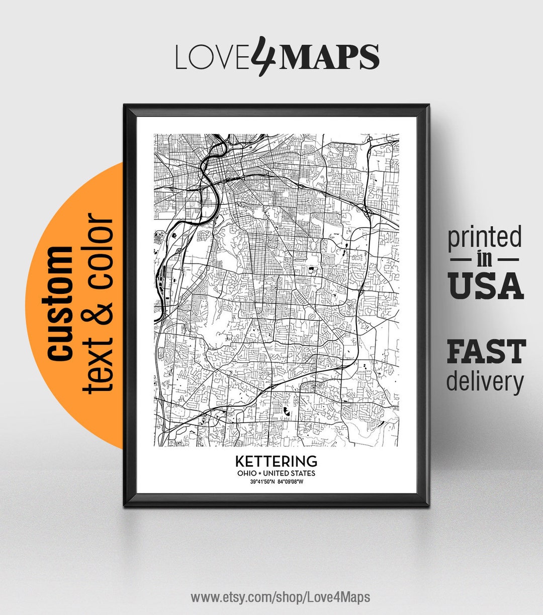 Kettering Ohio Map, Kettering City Print, Kettering Poster ...