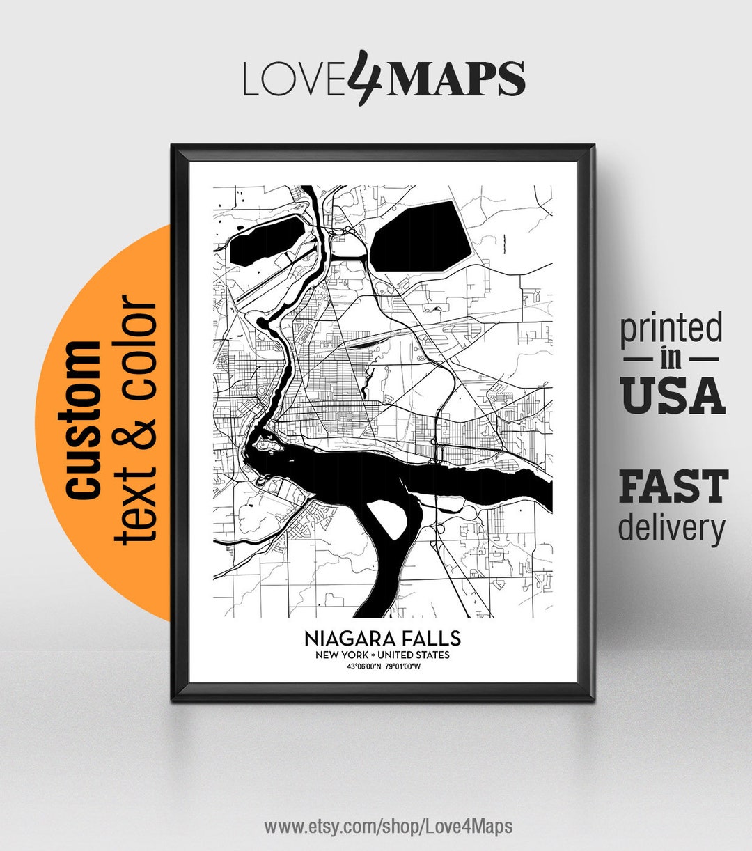 Niagara Falls New York Map, Niagara Falls City Print, Niagara Falls ...