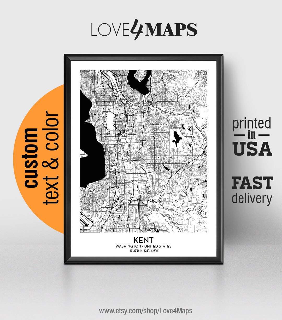 Kent Washington Map, Kent City Print, Kent Poster, Personalized Wedding ...