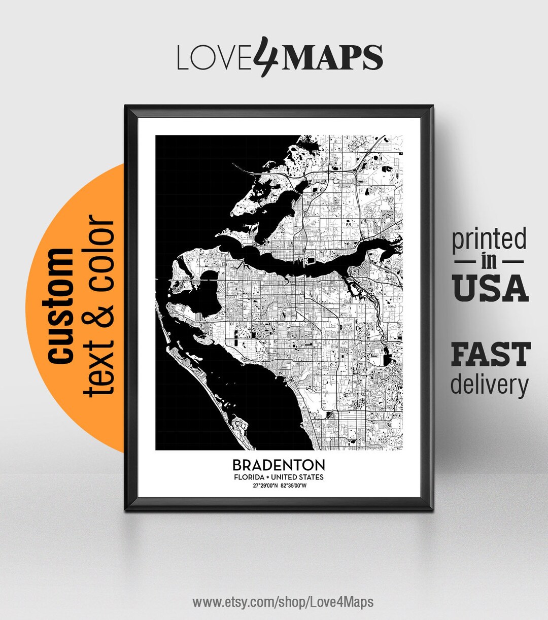 Bradenton Florida Map, Bradenton City Print, Bradenton Poster ...