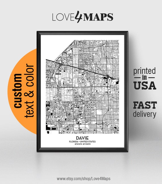 Prints Davie poster Custom map prints Davie city map Davie art Davie ...