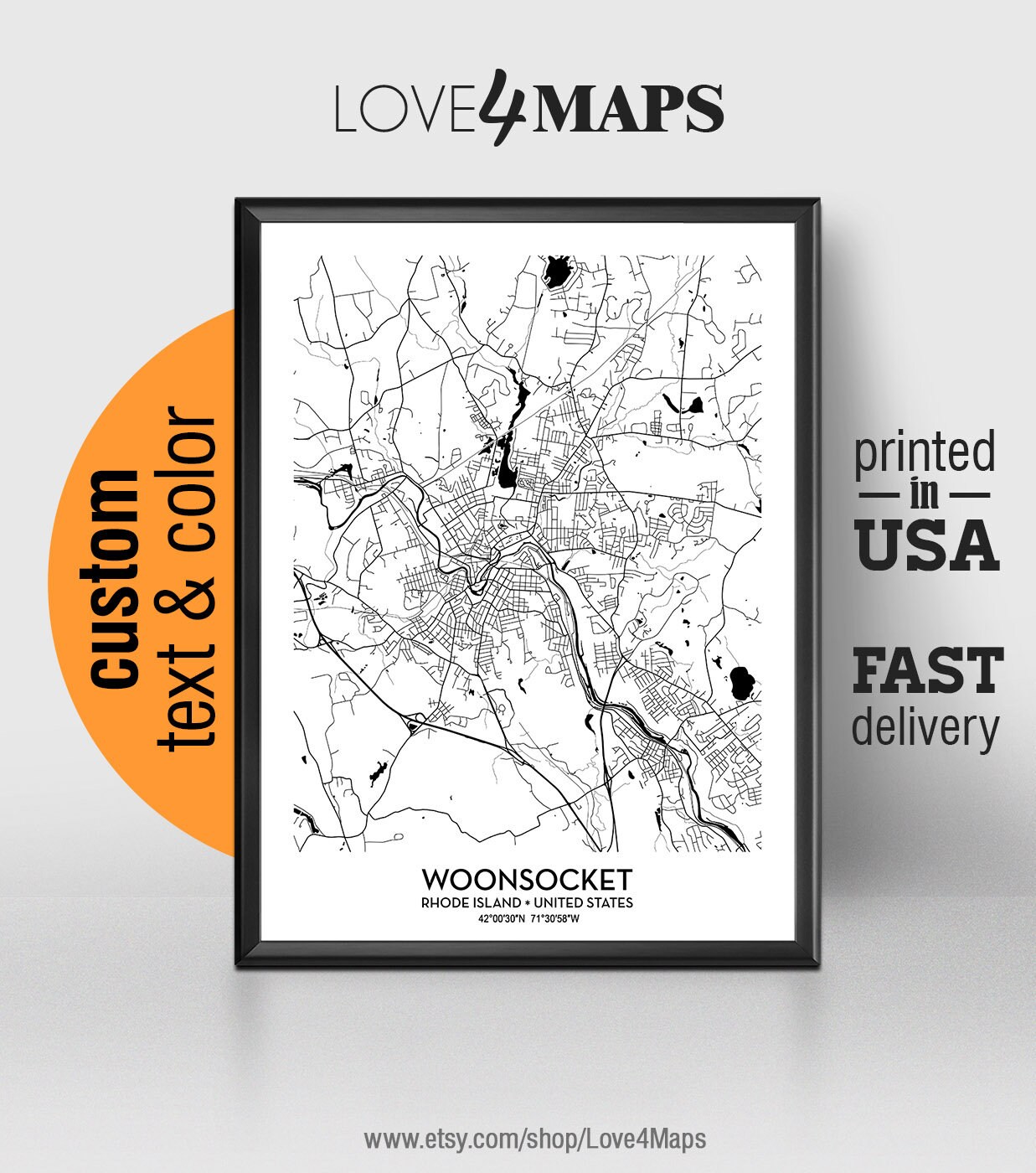 Woonsocket Rhode Island Map Woonsocket City Print Woonsocket - Etsy