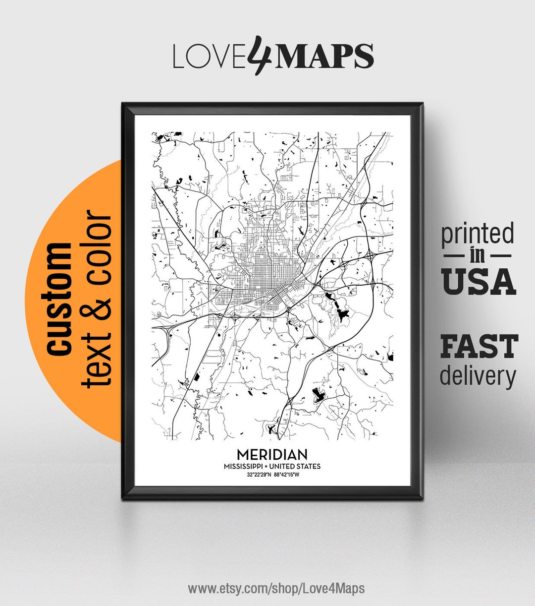 Meridian Mississippi Map, Meridian City Print, Meridian Poster ...