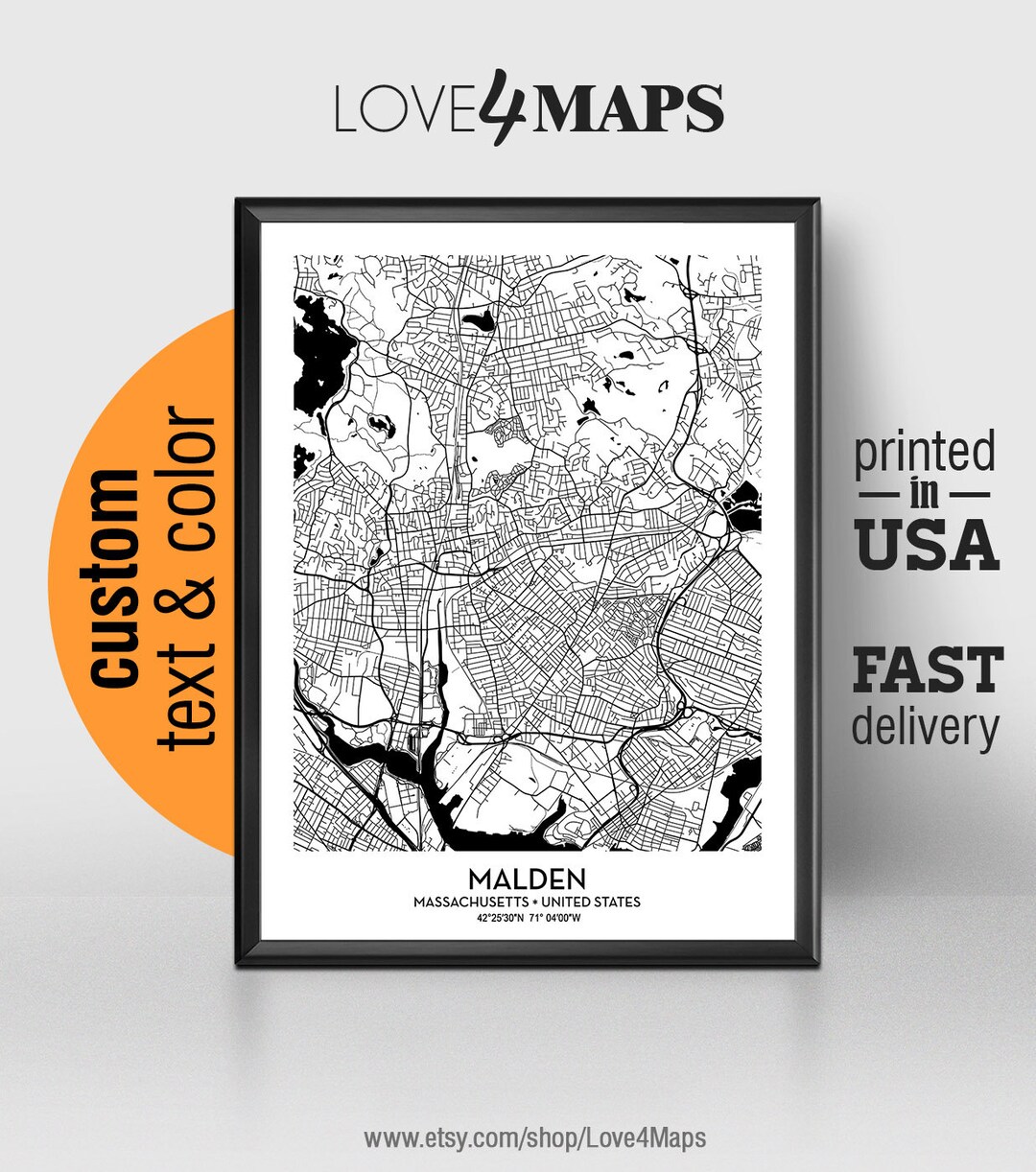 Malden Massachusetts Map, Malden City Print, Malden Poster ...