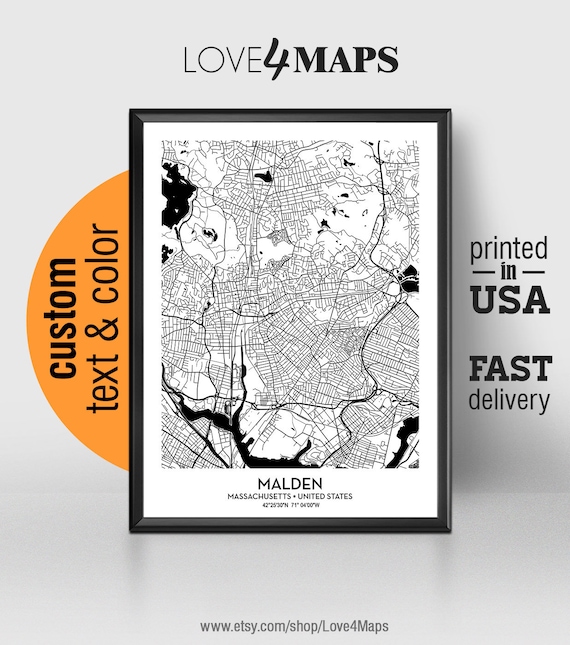 Malden Massachusetts Map Malden City Print Malden Poster | Etsy