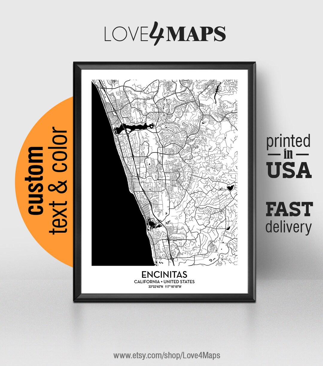 Encinitas California Map, Encinitas City Print, Encinitas Poster ...