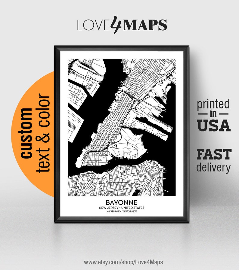 Bayonne New Jersey Map Bayonne City Print Bayonne Poster - Etsy