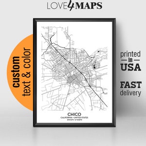 Chico California Map, Chico City Print Poster, Personalized Wedding Map ...