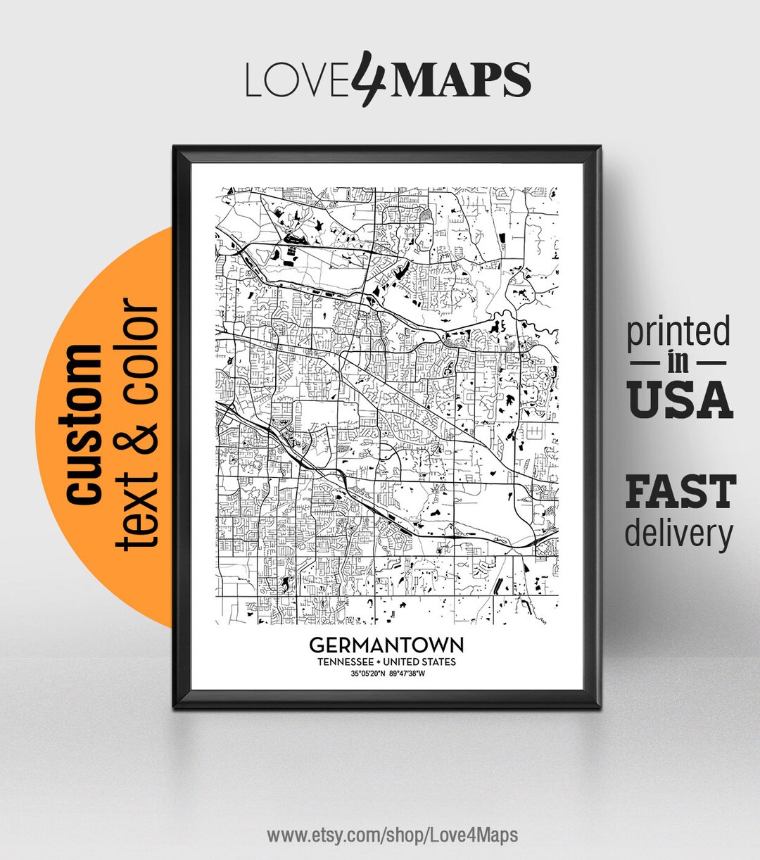 Germantown Tennessee Map, Germantown City Print, Germantown Poster ...