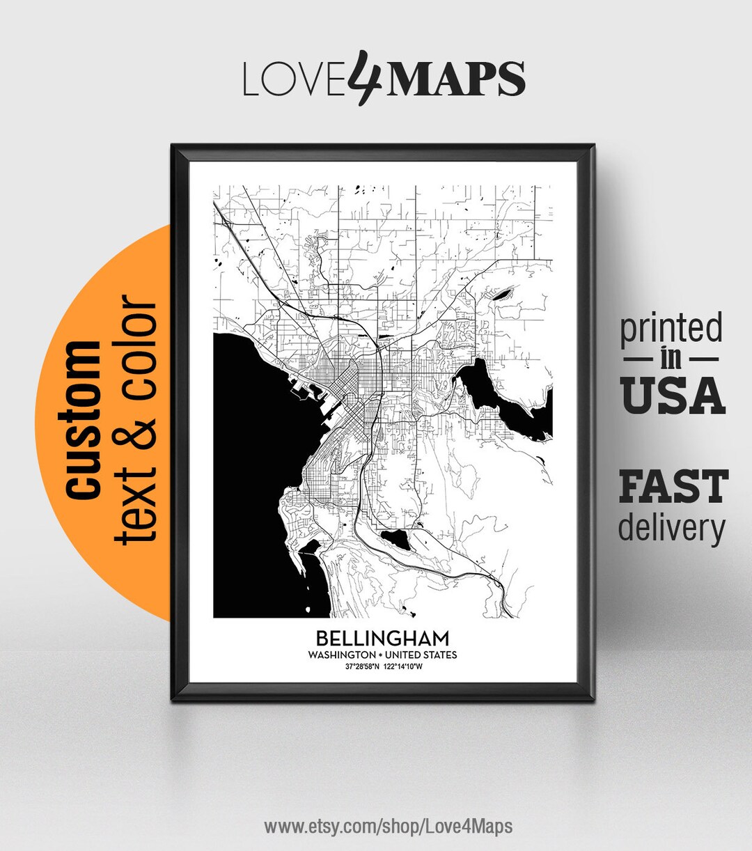 Bellingham Washington Map Bellingham City Print Bellingham - Etsy