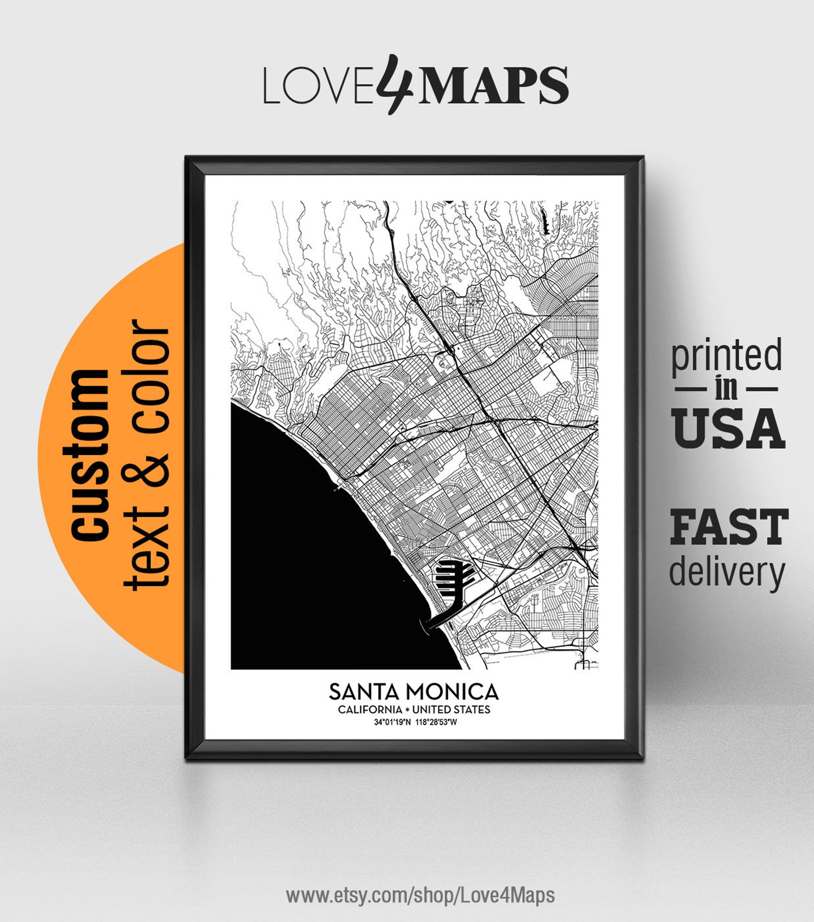 Santa Monica California Map Santa Monica City Print Santa | Etsy