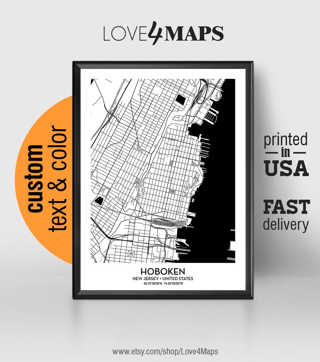 Hoboken New Jersey Map, Hoboken City Print, Hoboken Poster ...