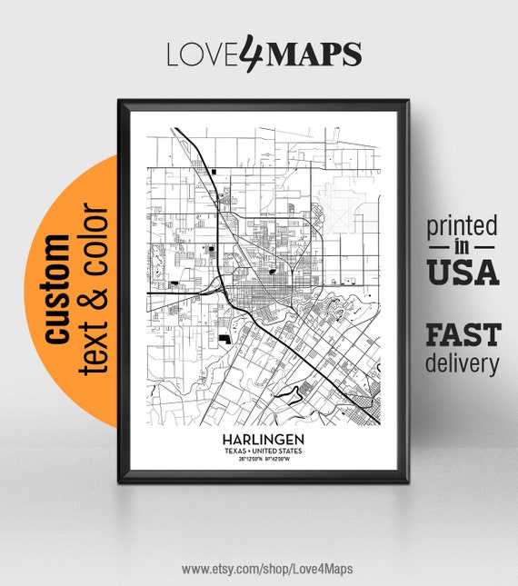 Harlingen Texas Map Harlingen City Print Harlingen Poster - Etsy