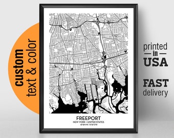 Prints Home Décor Black Map of Freeport NY Perfect Details Coordinates ...
