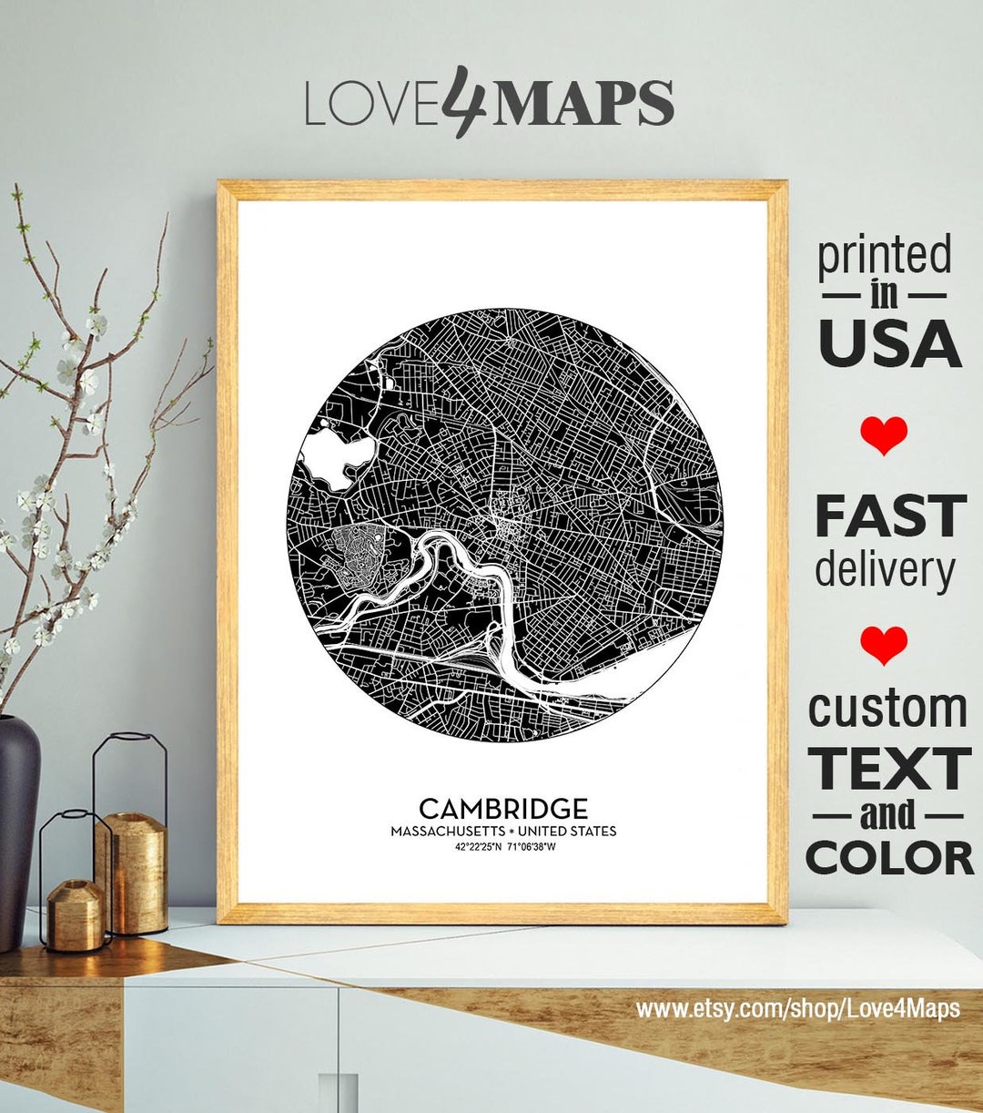 Cambridge Map Print, Cambridge City Massachusetts Poster, Personalized ...