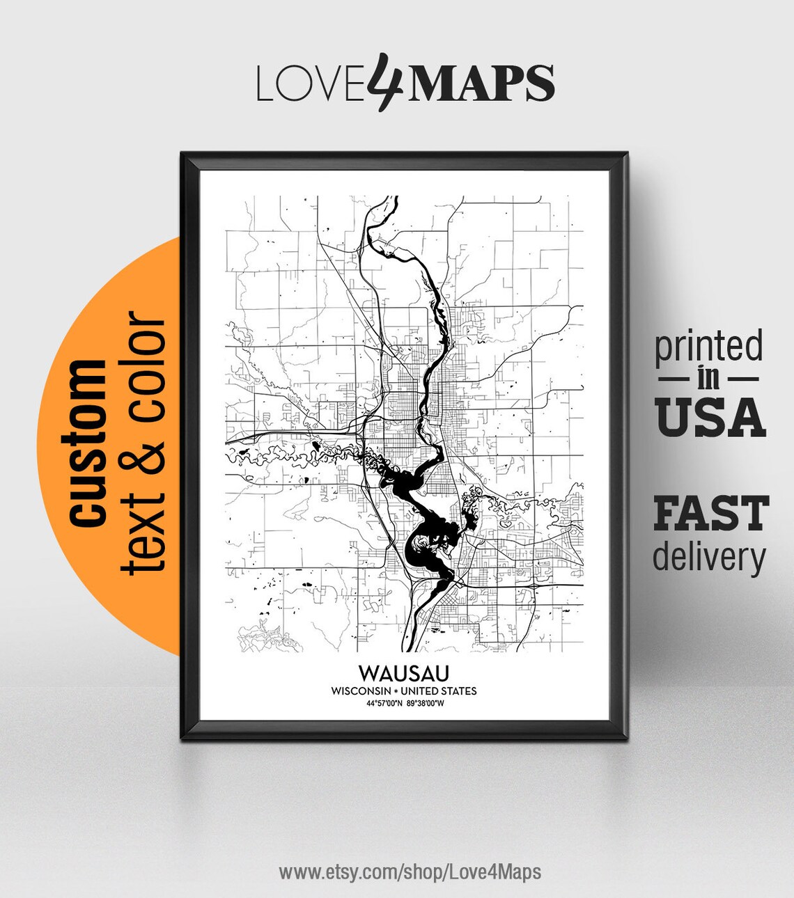 Wausau Wisconsin Map Wausau City Print Wausau Poster | Etsy