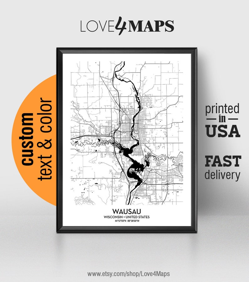 Wausau Wisconsin Map Wausau City Print Wausau Poster | Etsy