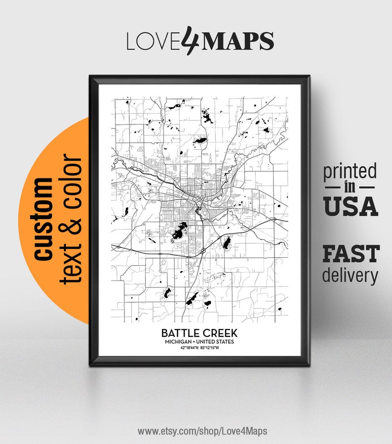 Battle Creek Michigan Map Battle Creek City Print Battle - Etsy