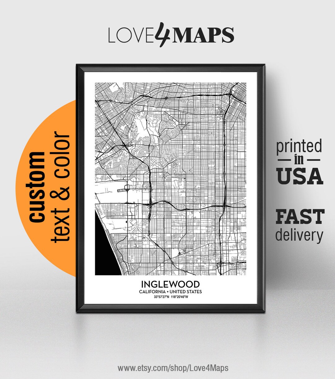 Inglewood California Map, Inglewood City Print, Inglewood Poster ...