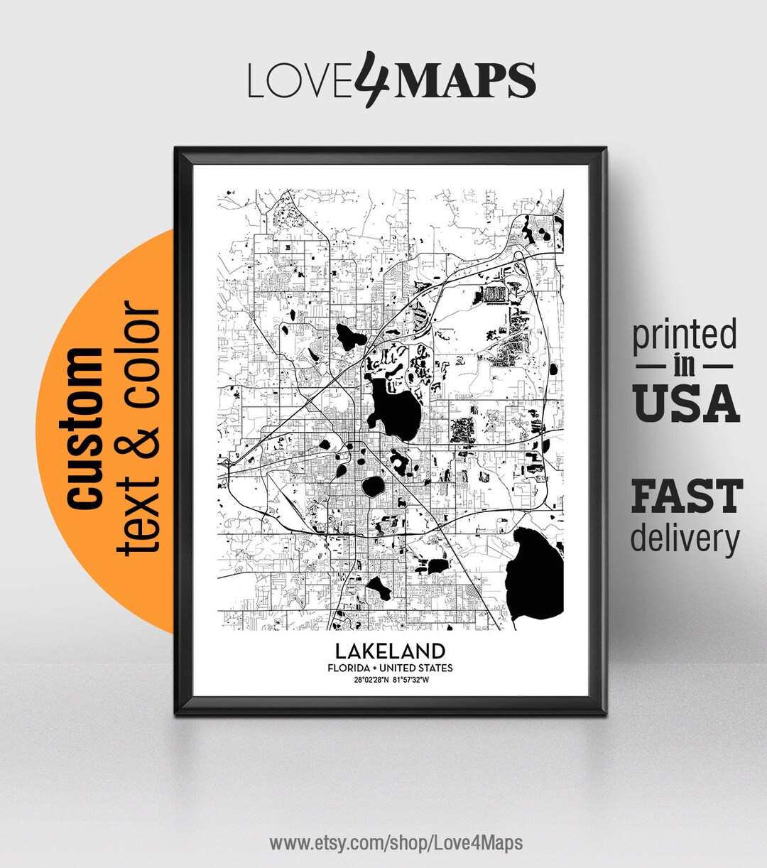 Lakeland Florida Map, Lakeland City Print, Lakeland Poster ...