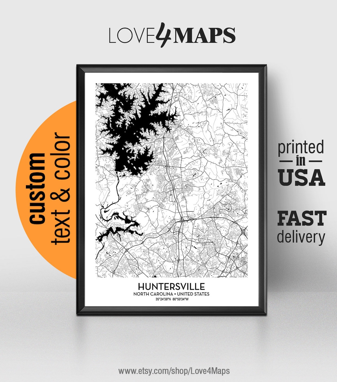 Huntersville North Carolina Map, Huntersville City Print, Huntersville ...