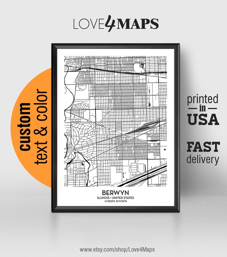 Berwyn Illinois Map Berwyn City Print Berwyn Poster | Etsy