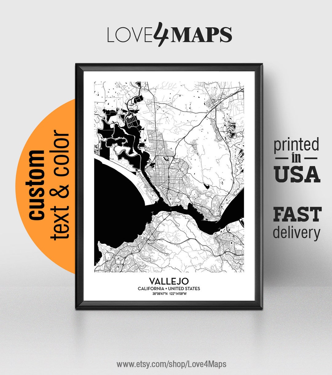 Vallejo California Map, Vallejo City Print, Vallejo Poster ...