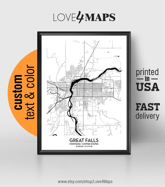 Great Falls Montana Map Great Falls City Print Great Falls | Etsy