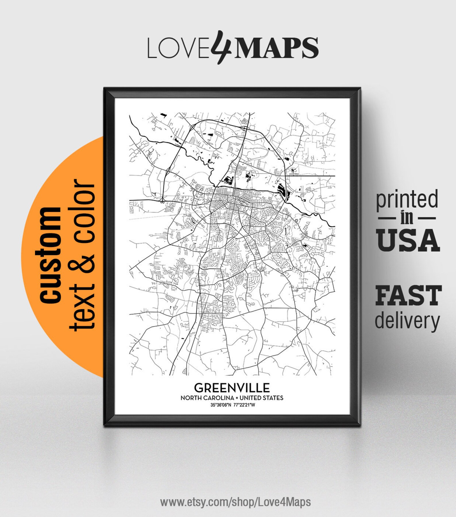 Greenville North Carolina Map City Print Poster Personalized - Etsy