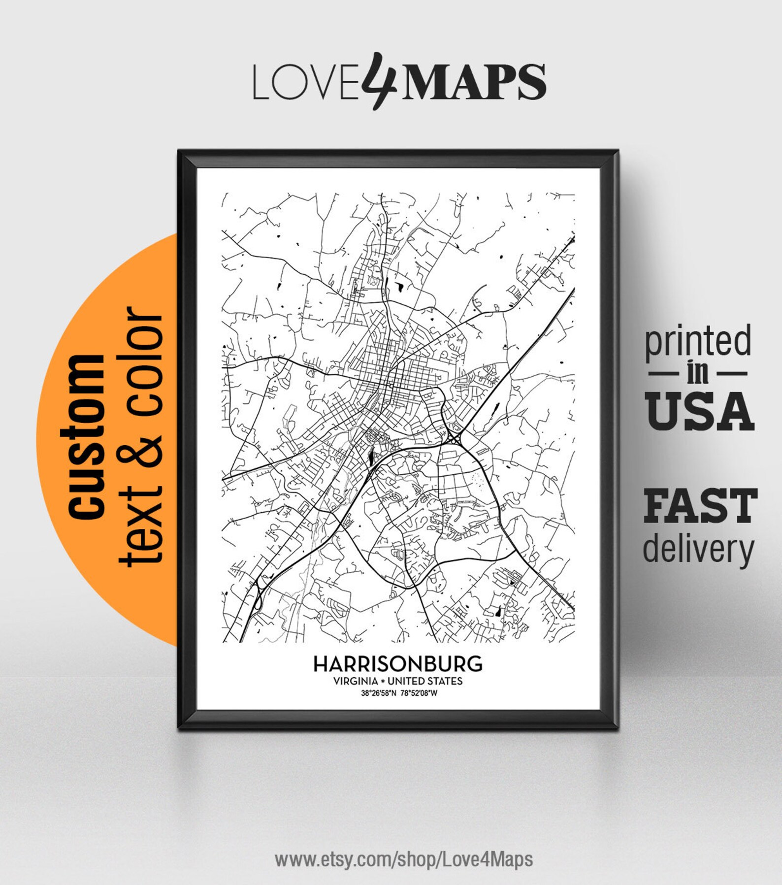 Harrisonburg Virginia Map Harrisonburg City Print | Etsy