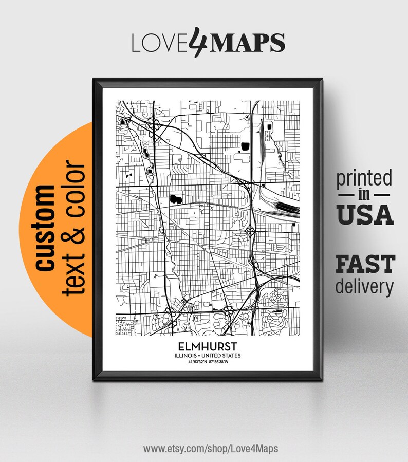 Elmhurst Illinois Map Elmhurst City Print Elmhurst Poster | Etsy