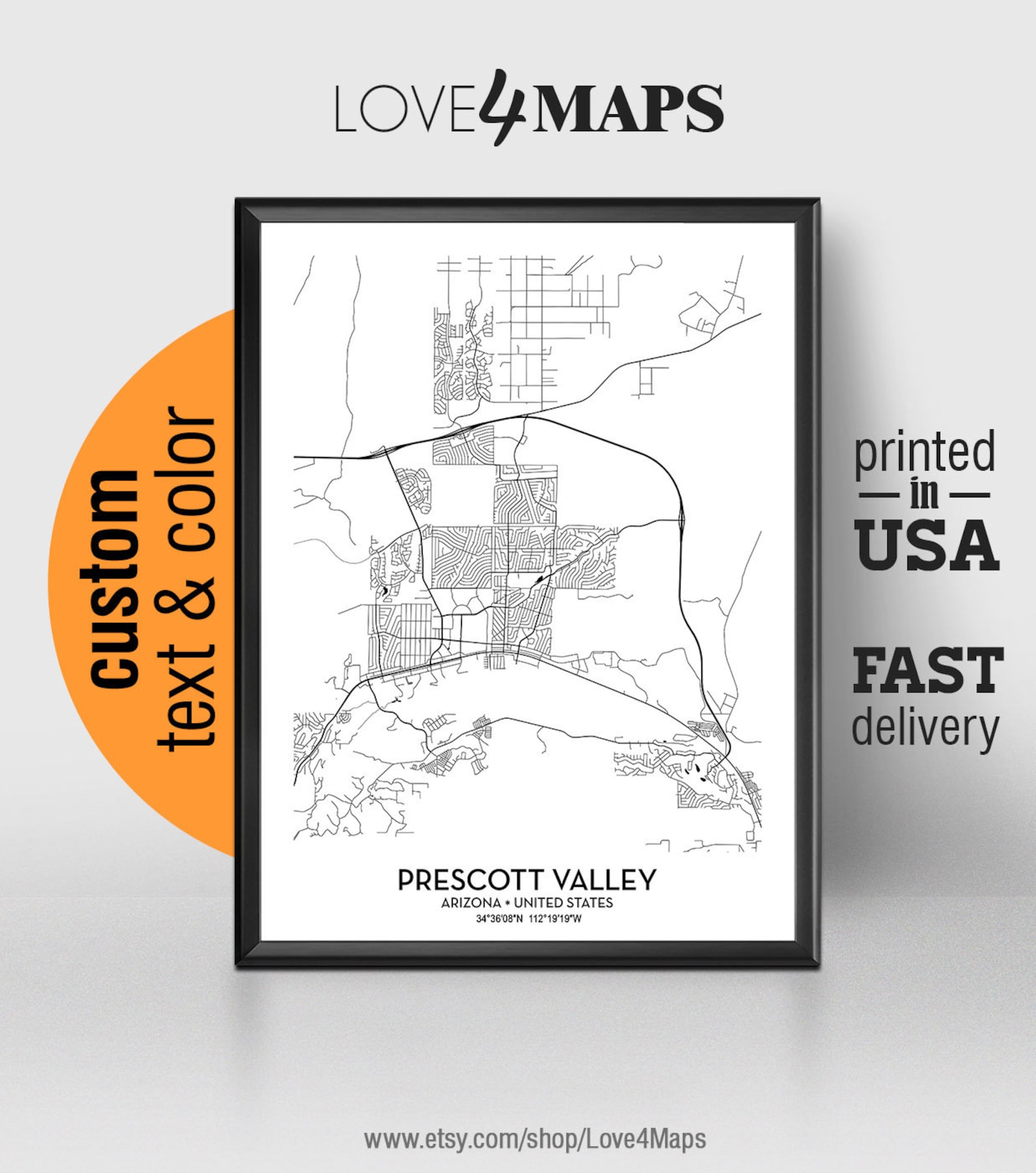 Prescott Valley Arizona Map Prescott Valley City Print | Etsy