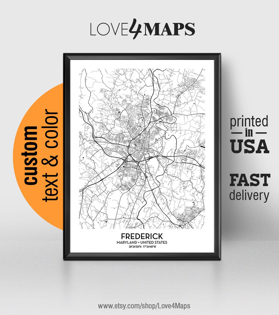 Frederick Maryland Map Frederick City Print Frederick - Etsy