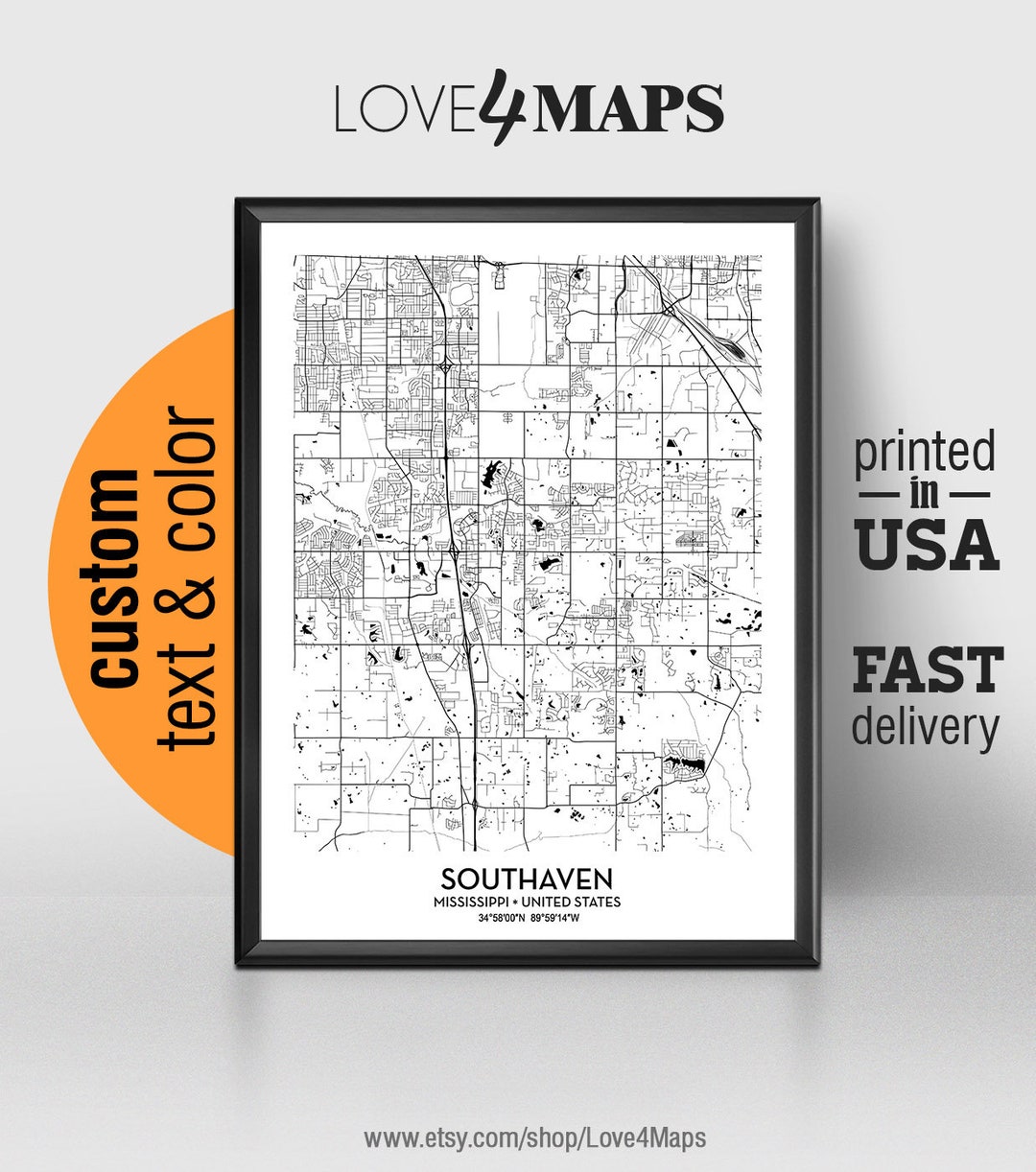 Southaven Mississippi Map, Southaven City Print, Southaven Poster ...