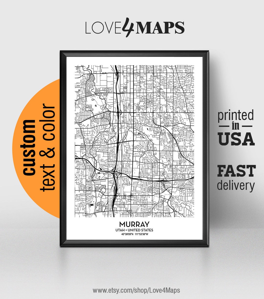 Murray Utah Map, Murray città stampa, Poster di Murray, personalizzati ...