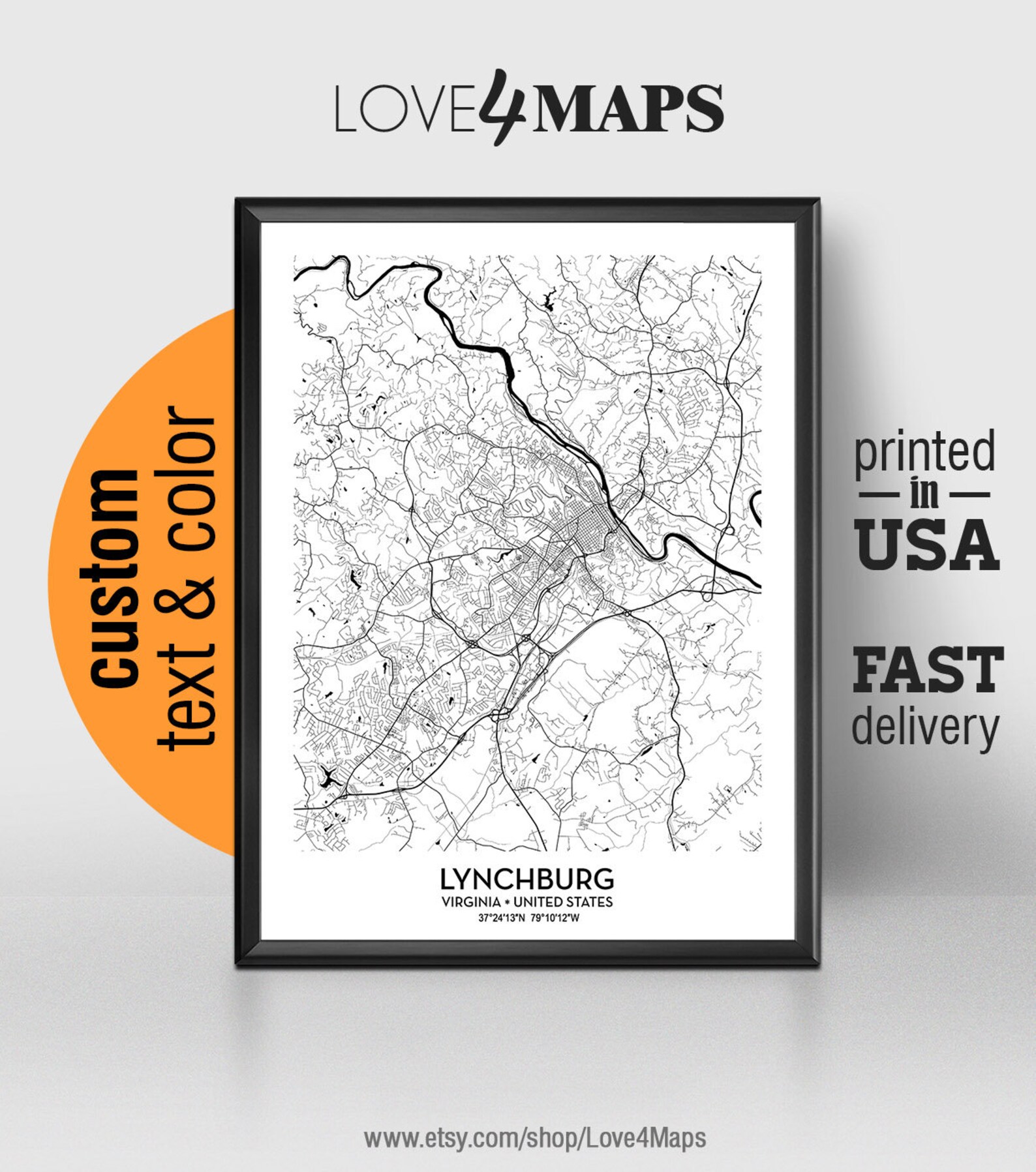 Lynchburg Virginia Map Lynchburg City Print Lynchburg - Etsy