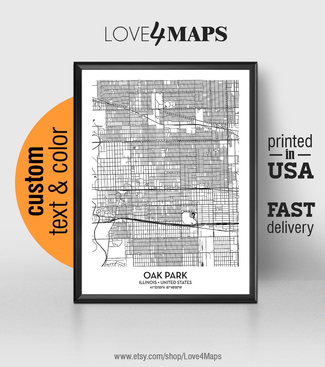 Oak Park Illinois Map, Oak Park City Print, Oak Park Poster ...